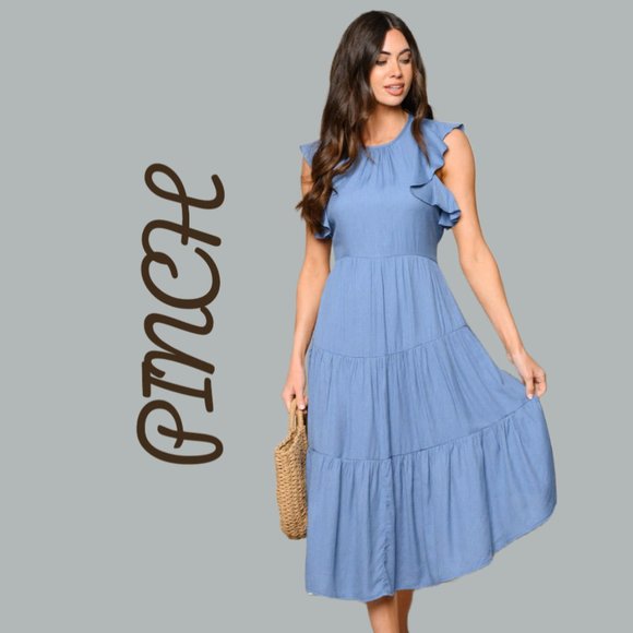 Pinch | Dresses | Nwt Pinch Ruffle Sleeve Tiered Midi Dress Blue | Poshmark